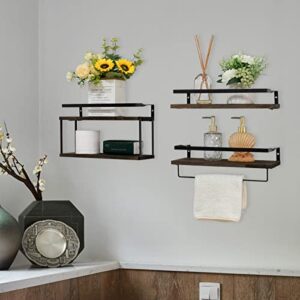 Rustic Floating Shelves With Metal Rack, Wood Floating Shelves Set of 4, Wall Mounted Floating Bathroom Shelves,Black Floating Shelves For Bathroom for Kitchen,Living Room,Bedroom, Coffee Bar, Office