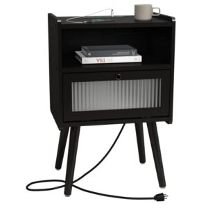 soowery mid century modern nightstand with charging station, bedside tables with glass decorative door, end table side table with 2 tiers storage space, for bedroom, living room, black