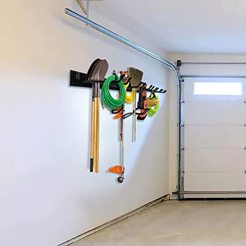 Garden Tool Rack Garage Storage Tool Organizer 34 Inches Wall Mount, Heavy Duty Solid Steel Max 200lbs, Tool Hangers 6 hooks for Yard Tools, Shovels, Rakes, Brooms, Cords, Hoses, Ropes