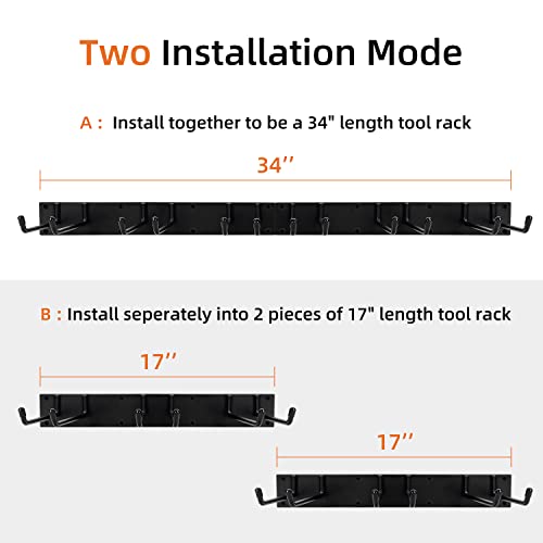 Garden Tool Rack Garage Storage Tool Organizer 34 Inches Wall Mount, Heavy Duty Solid Steel Max 200lbs, Tool Hangers 6 hooks for Yard Tools, Shovels, Rakes, Brooms, Cords, Hoses, Ropes