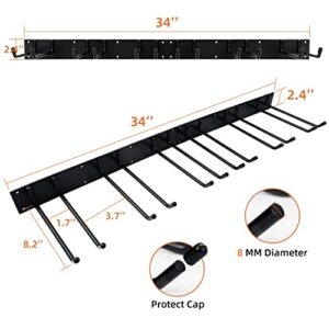 Garden Tool Rack Garage Storage Tool Organizer 34 Inches Wall Mount, Heavy Duty Solid Steel Max 200lbs, Tool Hangers 6 hooks for Yard Tools, Shovels, Rakes, Brooms, Cords, Hoses, Ropes