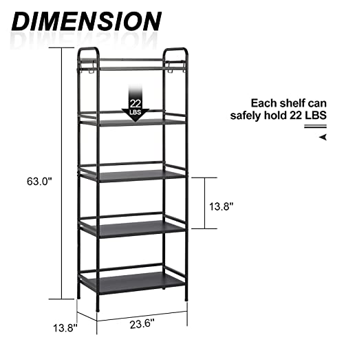 HDANI 5-Tier Standing Storage Shelf, Utility Shelves for Storage, Multifunctional Metal Storage Rack for Kitchen, Garage, Office, Bedroom (Black, 23.6''Lx13.8''Wx63''H)