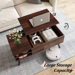 WLIVE Lift Top Coffee Table for Living Room,Small Coffee Table with Storage,Hidden Compartment and Adjustable Shelf,Mid Century Modern, Wood,Cherry,Espresso.