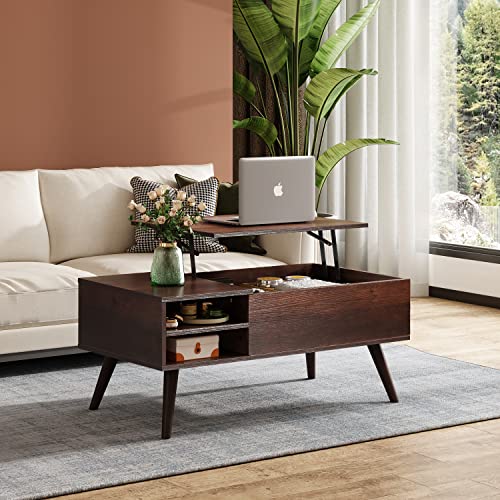 WLIVE Lift Top Coffee Table for Living Room,Small Coffee Table with Storage,Hidden Compartment and Adjustable Shelf,Mid Century Modern, Wood,Cherry,Espresso.