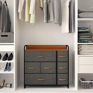 YITAHOME Fabric Dresser with 7 Drawers - Storage Tower Organizer Unit for Bedroom, Living Room, Closets - Sturdy Steel Frame, Wooden Top & Easy Pull Fabric Bins (Grey)