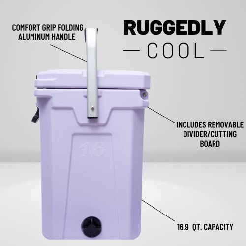 CAMP-ZERO 16L Tall Cooler/Ice Chest with 2 Molded-in Cup Holders & Folding Aluminum Handle | Thick Walled, Freezer Grade Cooler with Secure Locking System & Removable Divider (Lavender)