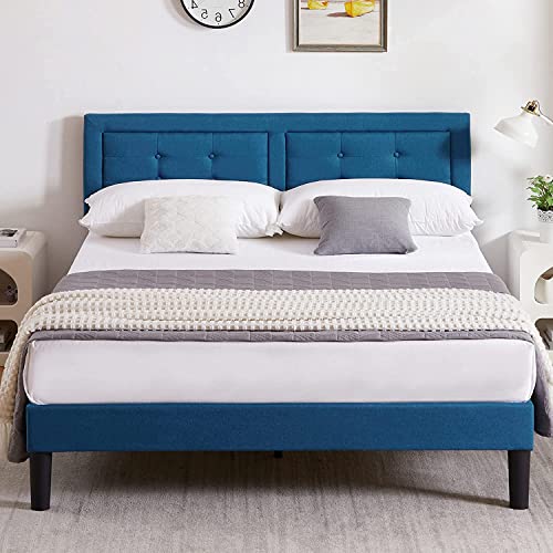 VECELO Queen Size Upholstered Bed Frame with Height Adjustable Fabric Headboard, Heavy-Duty Platform Bedframe/Mattress Foundation/Strong Wood Slat Support/No Box Spring Needed, Blue