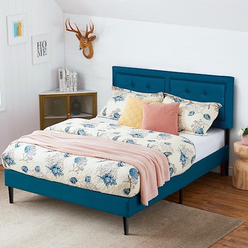 VECELO Queen Size Upholstered Bed Frame with Height Adjustable Fabric Headboard, Heavy-Duty Platform Bedframe/Mattress Foundation/Strong Wood Slat Support/No Box Spring Needed, Blue