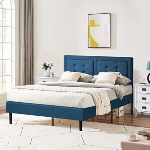 VECELO Queen Size Upholstered Bed Frame with Height Adjustable Fabric Headboard, Heavy-Duty Platform Bedframe/Mattress Foundation/Strong Wood Slat Support/No Box Spring Needed, Blue