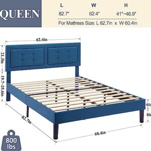 VECELO Queen Size Upholstered Bed Frame with Height Adjustable Fabric Headboard, Heavy-Duty Platform Bedframe/Mattress Foundation/Strong Wood Slat Support/No Box Spring Needed, Blue