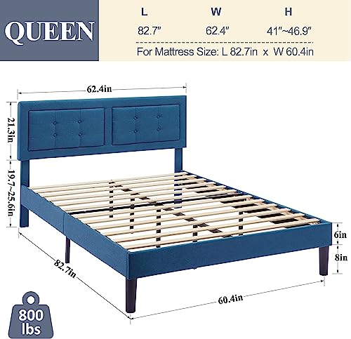 VECELO Queen Size Upholstered Bed Frame with Height Adjustable Fabric Headboard, Heavy-Duty Platform Bedframe/Mattress Foundation/Strong Wood Slat Support/No Box Spring Needed, Blue