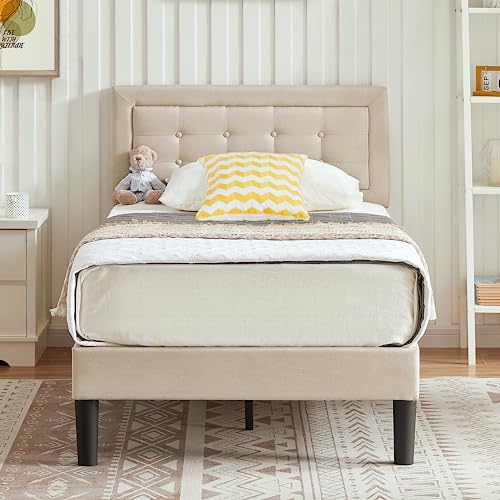 VECELO Twin Size Upholstered Bed Frame with Height Adjustable Fabric Headboard, Heavy-Duty Platform Bedframe/Mattress Foundation/Strong Wood Slat Support/No Box Spring Needed, Beige