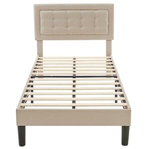 VECELO Twin Size Upholstered Bed Frame with Height Adjustable Fabric Headboard, Heavy-Duty Platform Bedframe/Mattress Foundation/Strong Wood Slat Support/No Box Spring Needed, Beige