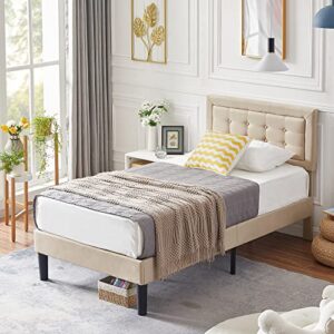 VECELO Twin Size Upholstered Bed Frame with Height Adjustable Fabric Headboard, Heavy-Duty Platform Bedframe/Mattress Foundation/Strong Wood Slat Support/No Box Spring Needed, Beige