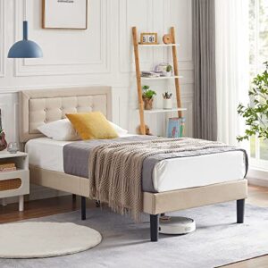 VECELO Twin Size Upholstered Bed Frame with Height Adjustable Fabric Headboard, Heavy-Duty Platform Bedframe/Mattress Foundation/Strong Wood Slat Support/No Box Spring Needed, Beige