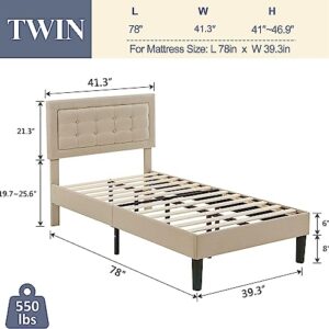 VECELO Twin Size Upholstered Bed Frame with Height Adjustable Fabric Headboard, Heavy-Duty Platform Bedframe/Mattress Foundation/Strong Wood Slat Support/No Box Spring Needed, Beige