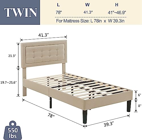 VECELO Twin Size Upholstered Bed Frame with Height Adjustable Fabric Headboard, Heavy-Duty Platform Bedframe/Mattress Foundation/Strong Wood Slat Support/No Box Spring Needed, Beige