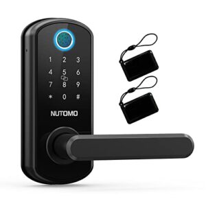 nutomo fingerprint door handle lock - keyless entry door lock - digital electronic keypad front door lock with handle - user passcode auto lock ic cards - smart lock for home hotel office room - black