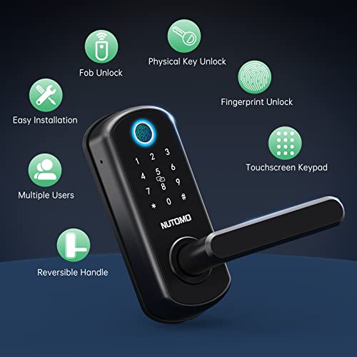 NUTOMO Fingerprint Door Handle Lock - Keyless Entry Door Lock - Digital Electronic Keypad Front Door Lock with Handle - User Passcode Auto Lock IC Cards - Smart Lock for Home Hotel Office Room - Black