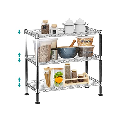 Doredo 3 Tier Wire Shelving Unit, Adjustable Wire Rack Shelving with Leveling Feet, Metal Storage Shelf Unit for Kitchen, Laundry, Pantry, Balcony (18" D x 8" W x 18" H, Chrome)