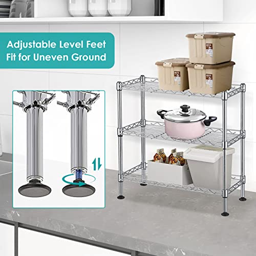 Doredo 3 Tier Wire Shelving Unit, Adjustable Wire Rack Shelving with Leveling Feet, Metal Storage Shelf Unit for Kitchen, Laundry, Pantry, Balcony (18" D x 8" W x 18" H, Chrome)