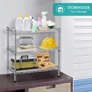 Doredo 3 Tier Wire Shelving Unit, Adjustable Wire Rack Shelving with Leveling Feet, Metal Storage Shelf Unit for Kitchen, Laundry, Pantry, Balcony (18" D x 8" W x 18" H, Chrome)