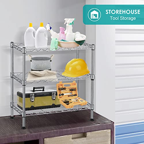 Doredo 3 Tier Wire Shelving Unit, Adjustable Wire Rack Shelving with Leveling Feet, Metal Storage Shelf Unit for Kitchen, Laundry, Pantry, Balcony (18" D x 8" W x 18" H, Chrome)