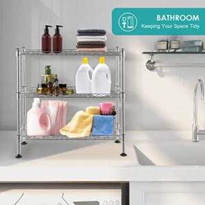 Doredo 3 Tier Wire Shelving Unit, Adjustable Wire Rack Shelving with Leveling Feet, Metal Storage Shelf Unit for Kitchen, Laundry, Pantry, Balcony (18" D x 8" W x 18" H, Chrome)