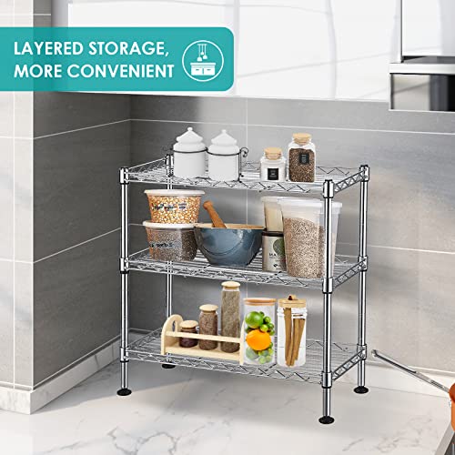 Doredo 3 Tier Wire Shelving Unit, Adjustable Wire Rack Shelving with Leveling Feet, Metal Storage Shelf Unit for Kitchen, Laundry, Pantry, Balcony (18" D x 8" W x 18" H, Chrome)