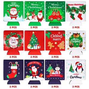 24 Pack Christmas Neoprene Can Cooler Sleeves, Reusable Thermocoolers Holiday Can Covers for Canned Beverages Bottle Drink Party Decors, Christmas Favor Decorations Supplies, Christmas Koozies