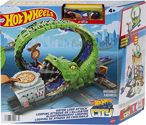 Hot Wheels Toy Car Track Set Gator Loop Attack Playset in Pizza Place with 1:64 Scale Car, Connects to Other Sets