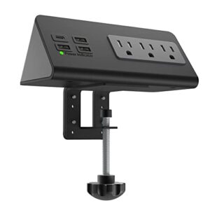 nightstand edge mount power strip with usb-c ports tabletop surge protector desk clamp power sockets with 3 ac outlets &4 fast charging usb ports for home office hotel and dormitory