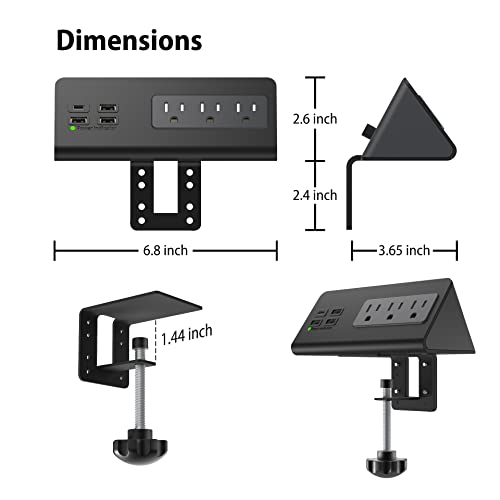 Nightstand Edge Mount Power Strip with USB-C Ports Tabletop Surge Protector Desk Clamp Power Sockets with 3 AC Outlets &4 Fast Charging USB Ports for Home Office Hotel and Dormitory