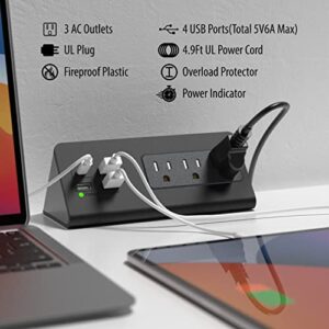 Nightstand Edge Mount Power Strip with USB-C Ports Tabletop Surge Protector Desk Clamp Power Sockets with 3 AC Outlets &4 Fast Charging USB Ports for Home Office Hotel and Dormitory