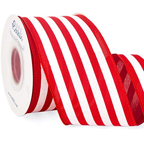 Ribbli Red and White Stripe Wired Ribbon, 2-1/2 Inch x 10 Yard, Horizontal Striped Burlap Ribbon for Craft, Wreath,Christmas Tree Decoration, Outdoor Decoration