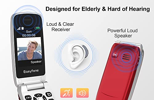 Easyfone Prime-A1 Pro 4G Big Button Flip Cell Phone for Seniors | Easy-to-Use | Clear Sound | SOS Button w/GPS | Unlocked for T-Mobile&MVNOs (Included a SIM Card) | Convenient Charging Dock (Red)