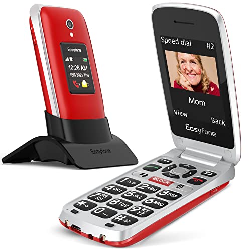 Easyfone Prime-A1 Pro 4G Big Button Flip Cell Phone for Seniors | Easy-to-Use | Clear Sound | SOS Button w/GPS | Unlocked for T-Mobile&MVNOs (Included a SIM Card) | Convenient Charging Dock (Red)