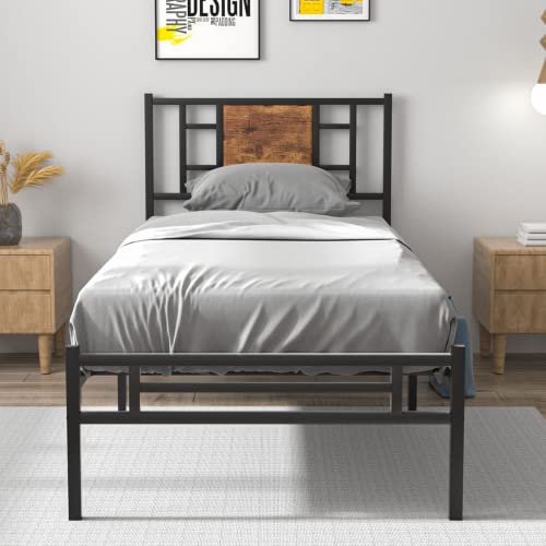 VECELO Twin Platform Bed Frames with Headboard, Heavy-Duty Mattress Foundation with Steel Slats Support, No Box Spring Needed/Easy Assembly, Black