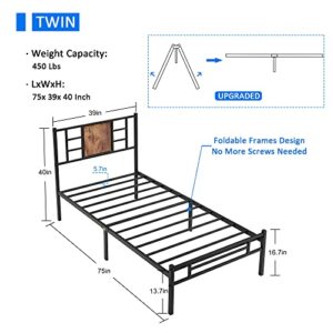 VECELO Twin Platform Bed Frames with Headboard, Heavy-Duty Mattress Foundation with Steel Slats Support, No Box Spring Needed/Easy Assembly, Black