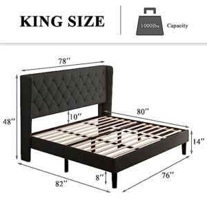 Feonase King Bed Frame with Wingback, Upholstered Platform Bed with Diamond Tufted Headboard, Heavy Duty Bed Frame, Wood Slat, Easy Assembly, Noise-Free, No Box Spring Needed, Dark Gray