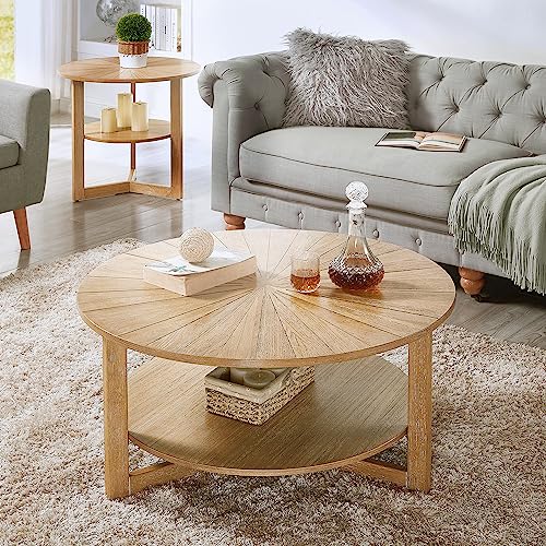 DS-HOMEPORT Round Coffee Tables Living Room with Storage, Wood Circle Coffee Table Suit for Farmhouse and Bedroom, Natural Wood