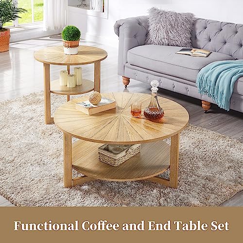 DS-HOMEPORT Round Coffee Tables Living Room with Storage, Wood Circle Coffee Table Suit for Farmhouse and Bedroom, Natural Wood