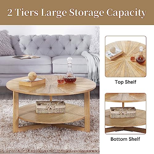 DS-HOMEPORT Round Coffee Tables Living Room with Storage, Wood Circle Coffee Table Suit for Farmhouse and Bedroom, Natural Wood