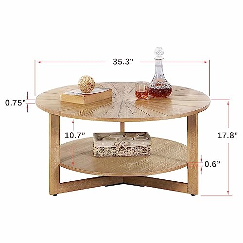 DS-HOMEPORT Round Coffee Tables Living Room with Storage, Wood Circle Coffee Table Suit for Farmhouse and Bedroom, Natural Wood