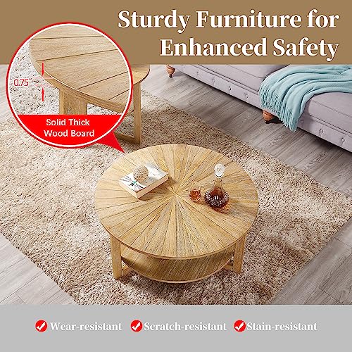 DS-HOMEPORT Round Coffee Tables Living Room with Storage, Wood Circle Coffee Table Suit for Farmhouse and Bedroom, Natural Wood