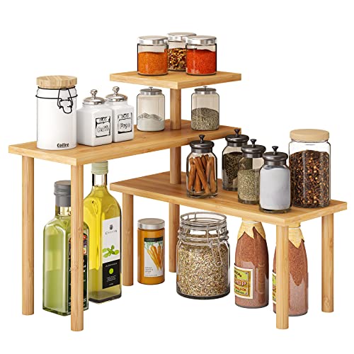 GHWIE Kitchen Countertop Organizer Corner Shelf - Bamboo 3 Tier Space Saving Rack for Kitchen,Living Room, Office,Bookshelf Display Shelves Space