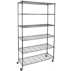 wdt nsf certified storage shelves on wheels, heavy duty metal shelves for storage with adjustable stand, 6-tier wire shelving unit for garage pantry kitchen shelf rack(17" w*47" d*80" h), black