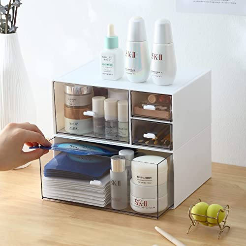 Marknor Desk Organizer with 4 Drawers, Makeup Organizer, Plastic Sundries Storage, Vanity Organizer, Cosmetic Desk Storage Box, Bathroom Counter or Dresser, White (CD-QBH-01)