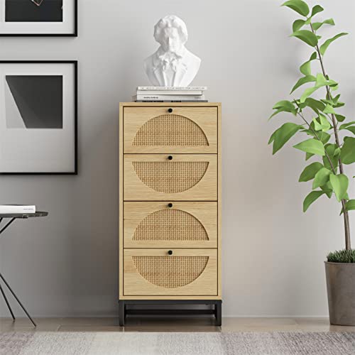 Natural Rattan Storage Drawer Chest,Storage Cabinet Suitable for Living Room and Bedroom, Bedroom Dresser with 4 Drawers for Small Space, Storage Tower Organizer Unit for Hallway/ Entryway/ Closets