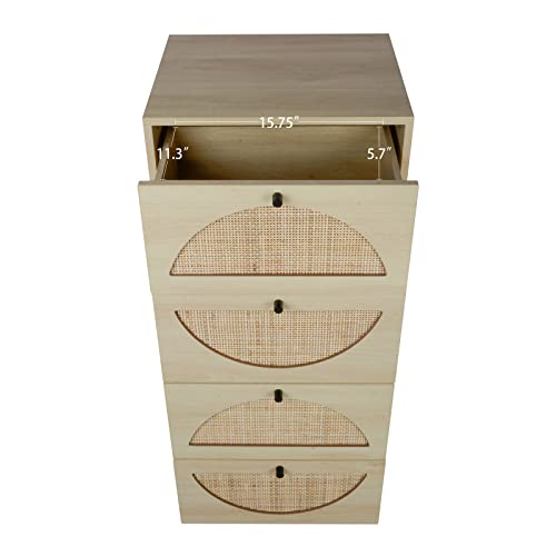 Natural Rattan Storage Drawer Chest,Storage Cabinet Suitable for Living Room and Bedroom, Bedroom Dresser with 4 Drawers for Small Space, Storage Tower Organizer Unit for Hallway/ Entryway/ Closets